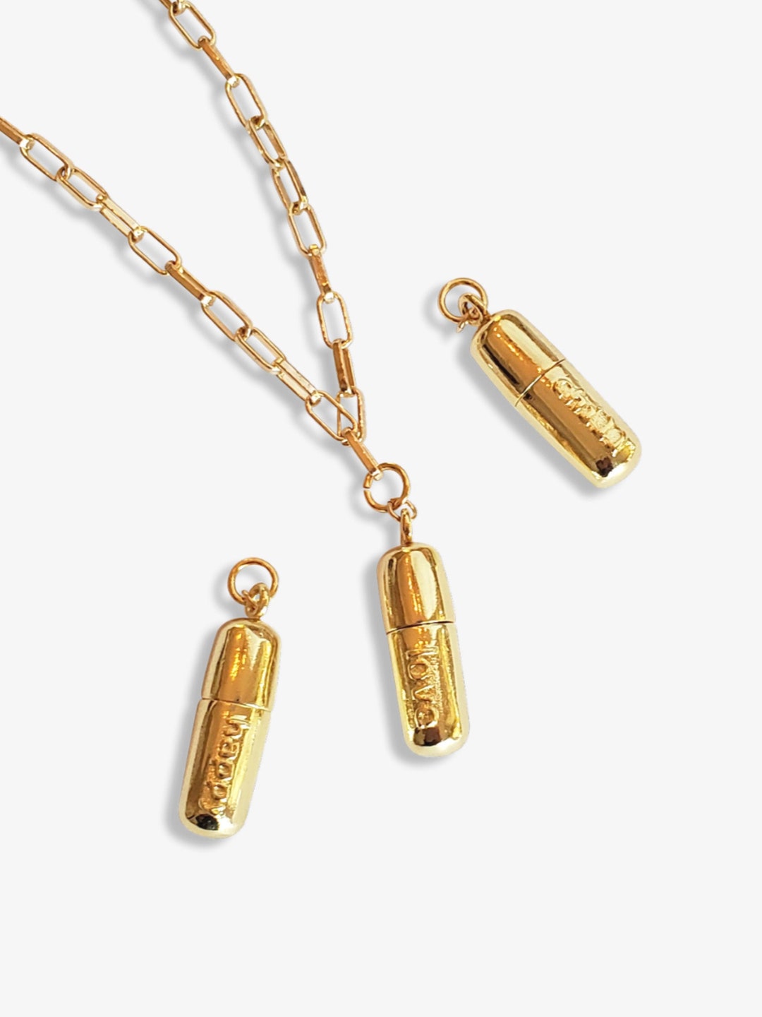 Gold Pill Necklace Pendant Happy Pill Chill Pill Love Pill Charm Words ...