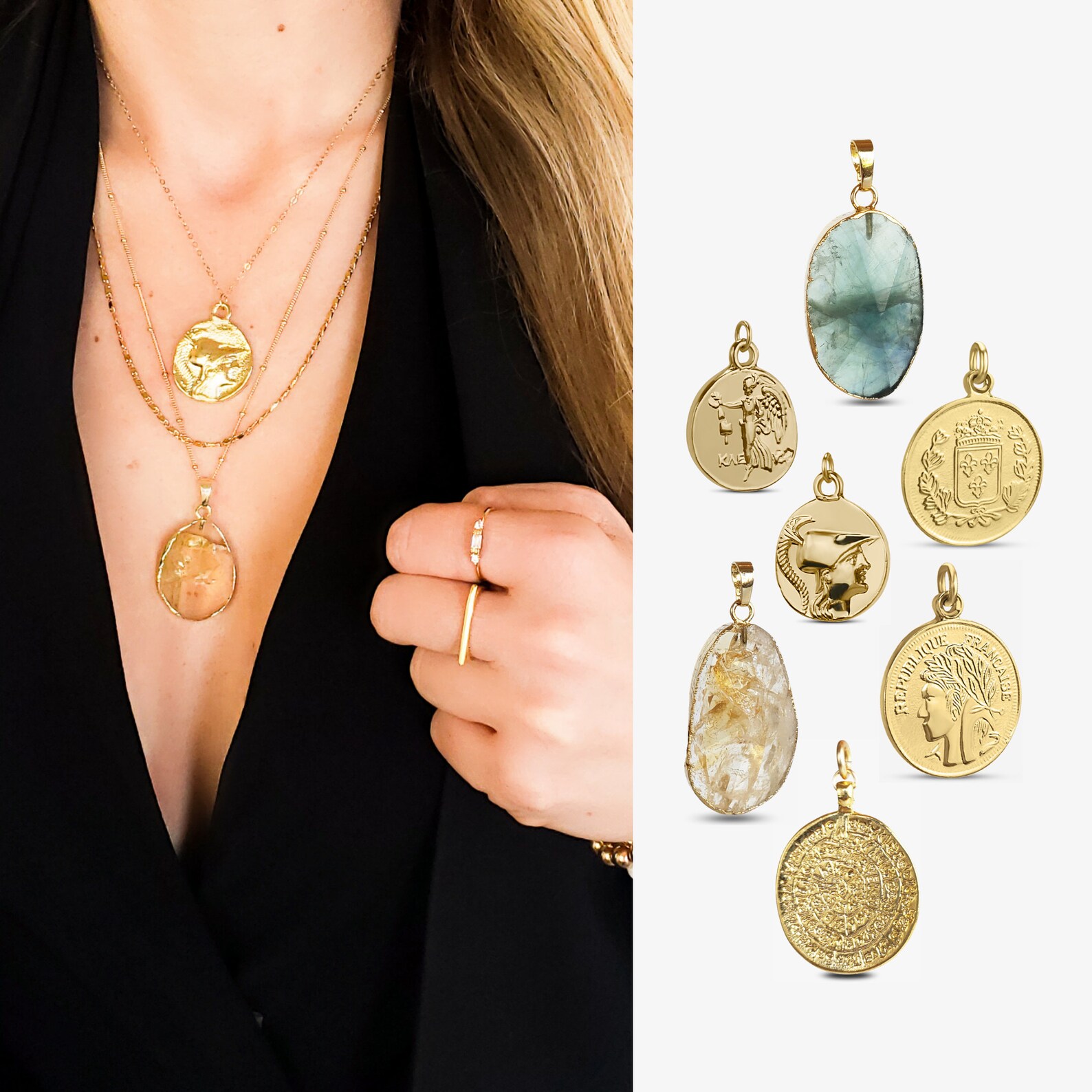 Slide-on 5 Styles Gold Coin and Crystal Gold Filled Layered Necklaces ...