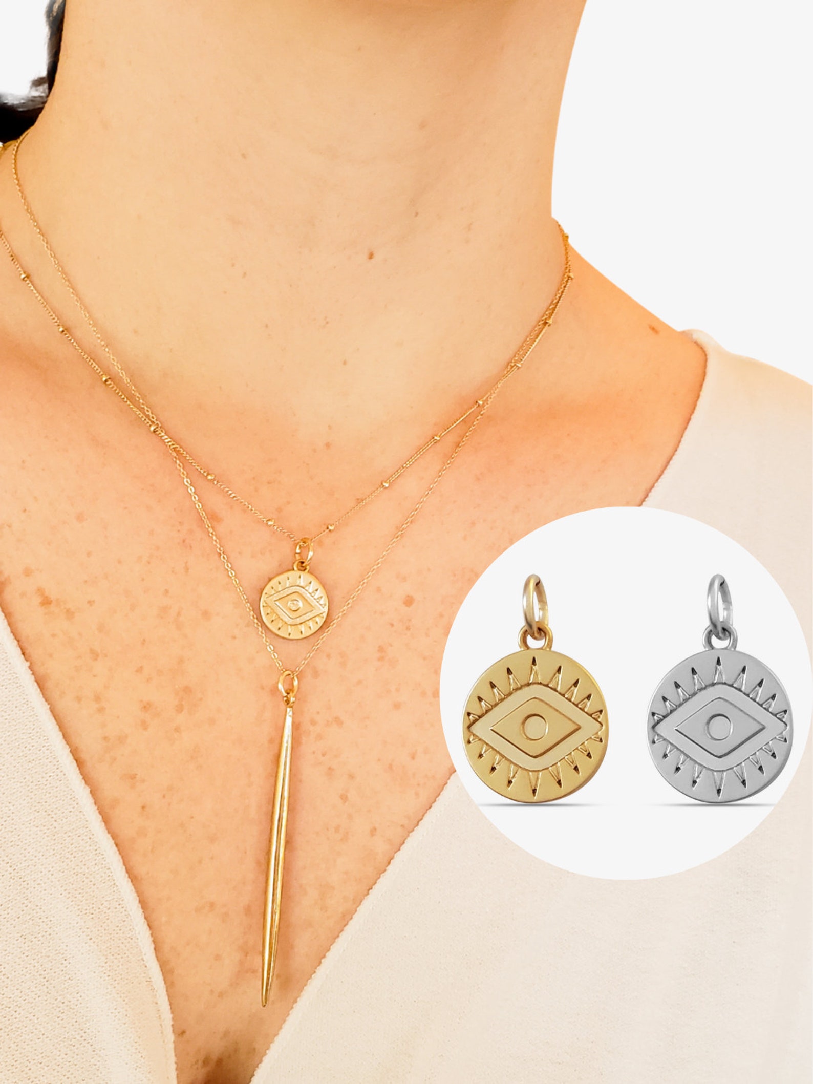 Slide on Evil Eye Charm Protection Jewelry Silver or Gold Layering ...