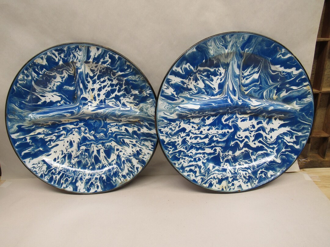 Splatterware Divided Plates, 2 Blue and White Splatterware Enamel ...