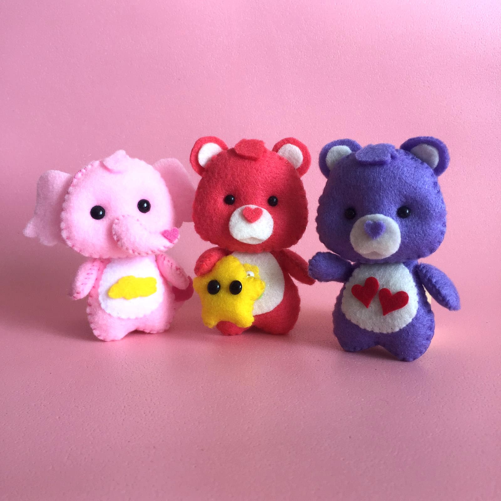 Set 3-felt Plushes, Care Bears, 100% Handmade, Care Bears Plushie ...