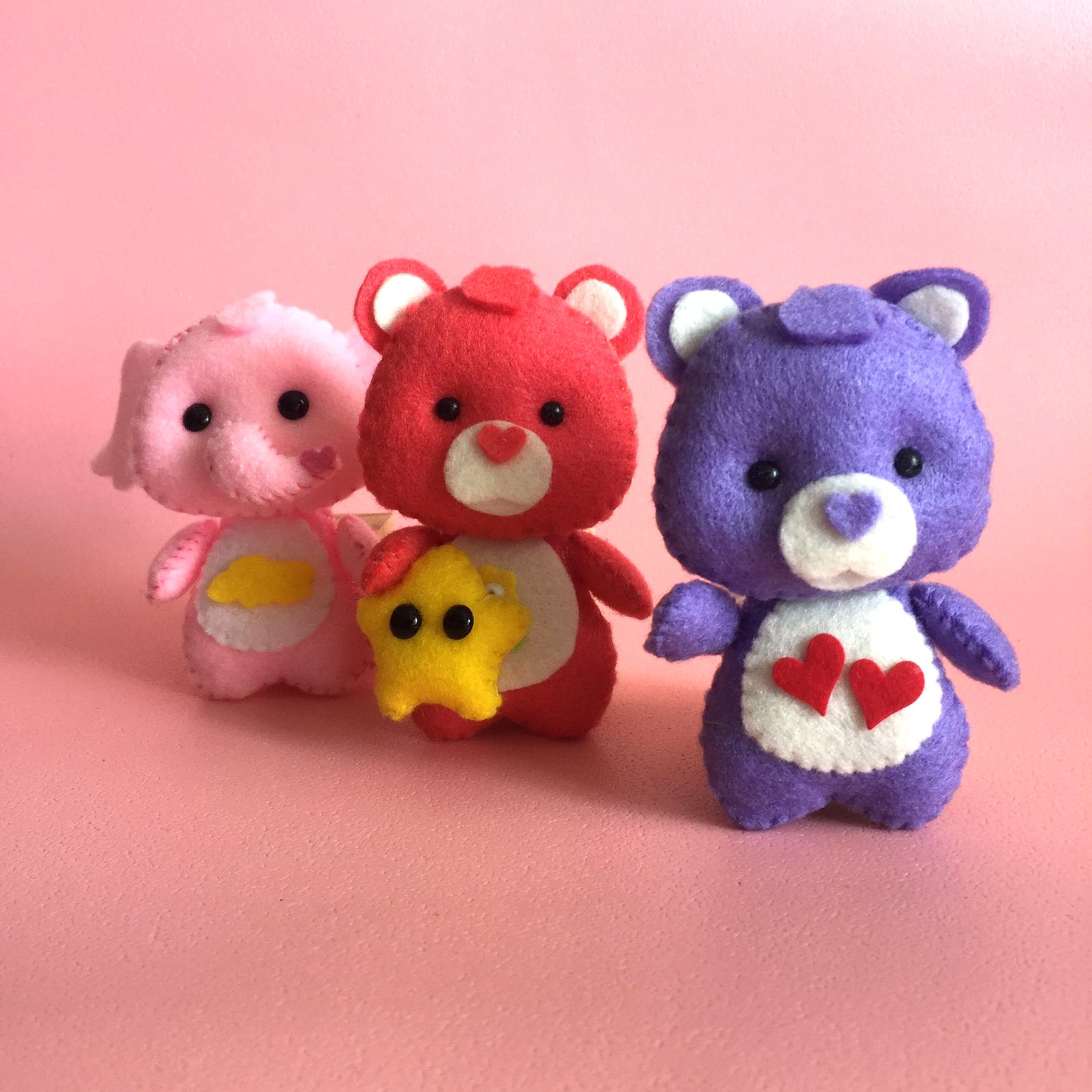 Set 3-felt Plushes, Care Bears, 100% Handmade, Care Bears Plushie ...