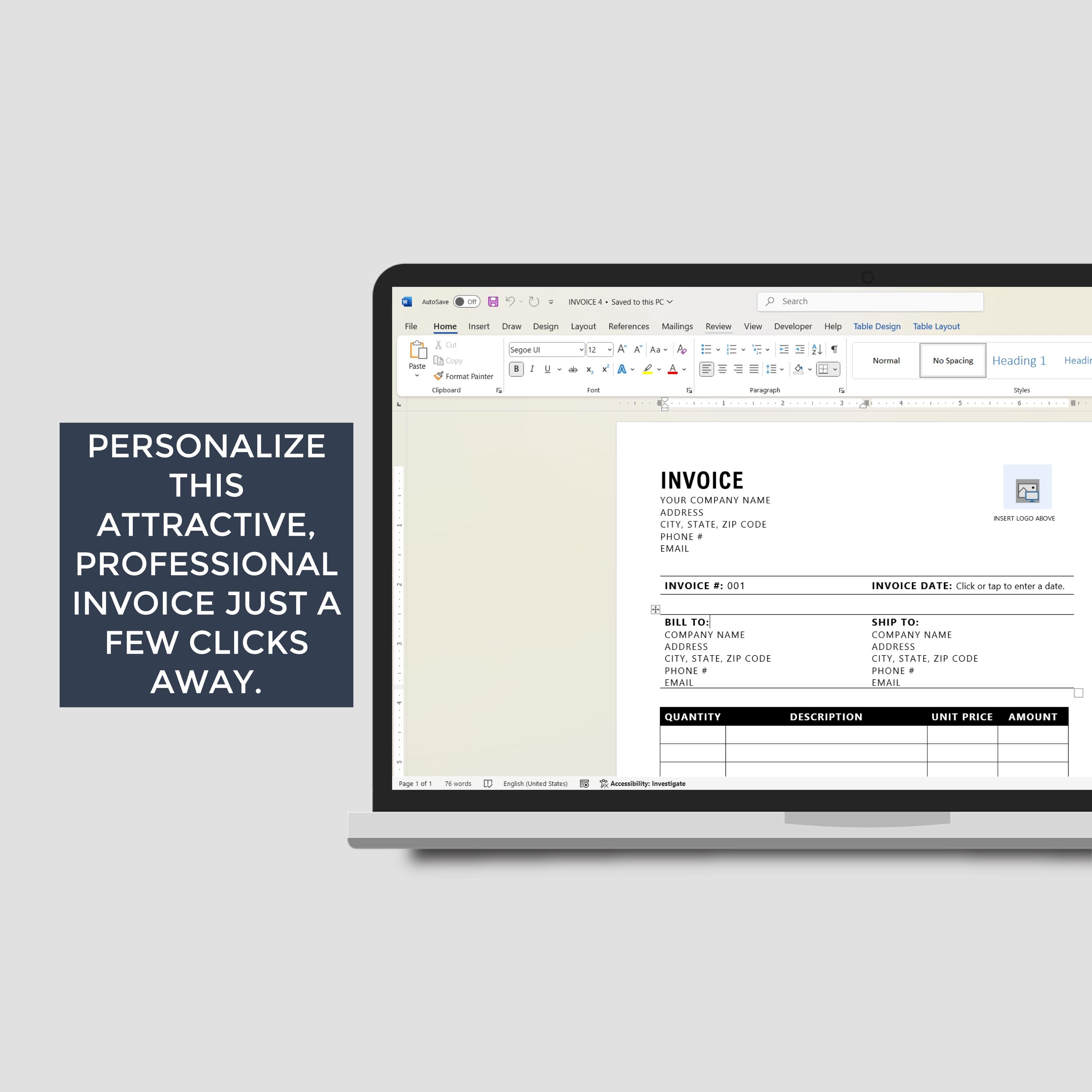 Editable Professional Invoice Template Microsoft Word - Etsy