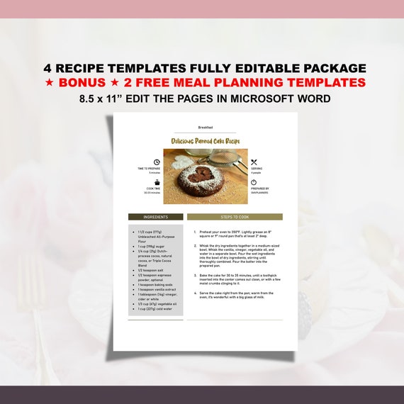 Editable Recipe Template Microsoft Word Cookbook Template | Etsy