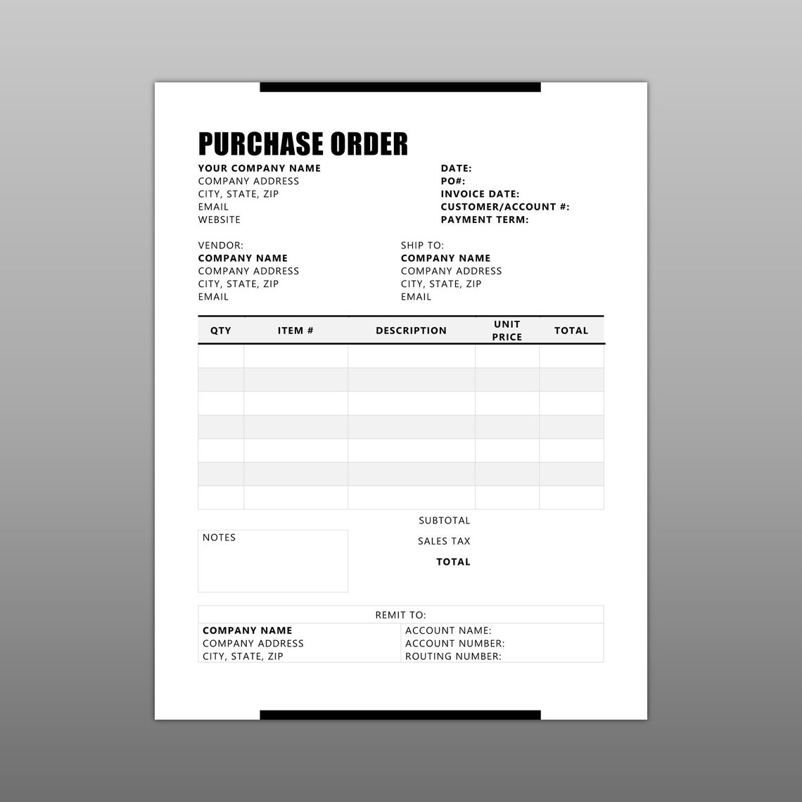 Purchase Order Template, Purchase Order Form Template, Editable ...