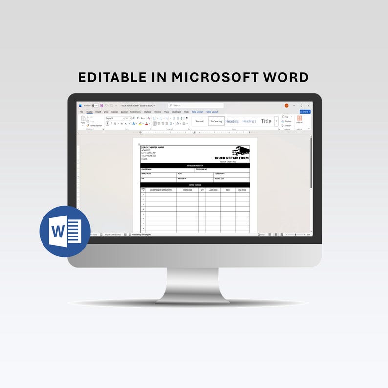 Editable Truck Repair Order Form: Microsoft Word - Etsy