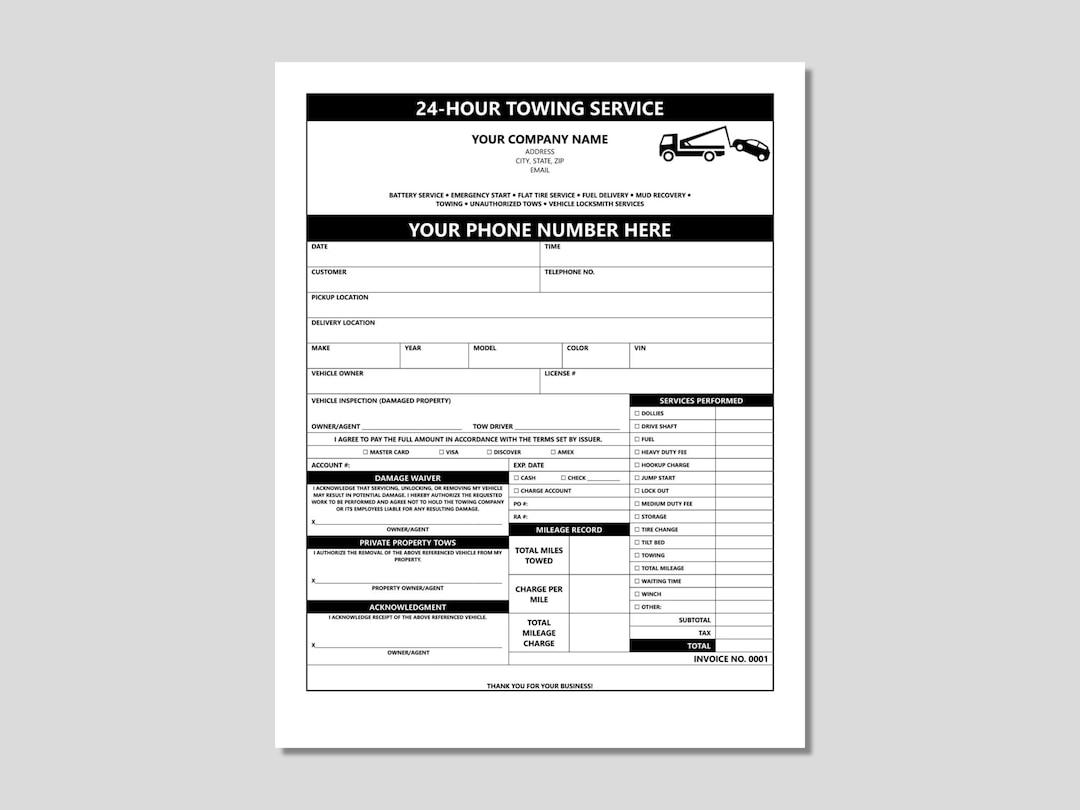 Editable Towing Invoice Template: Road Service Form (microsoft Word) - Etsy