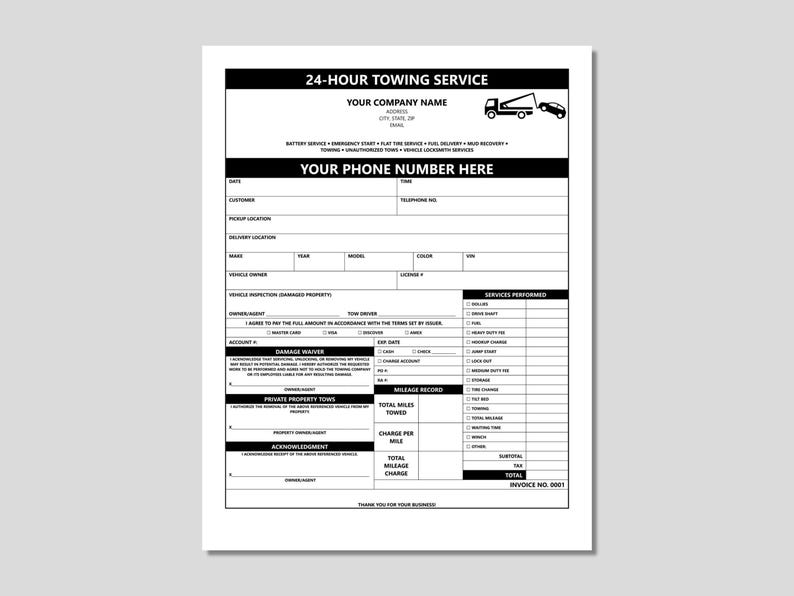 Editable Towing Invoice Template: Road Service Form (microsoft Word) - Etsy