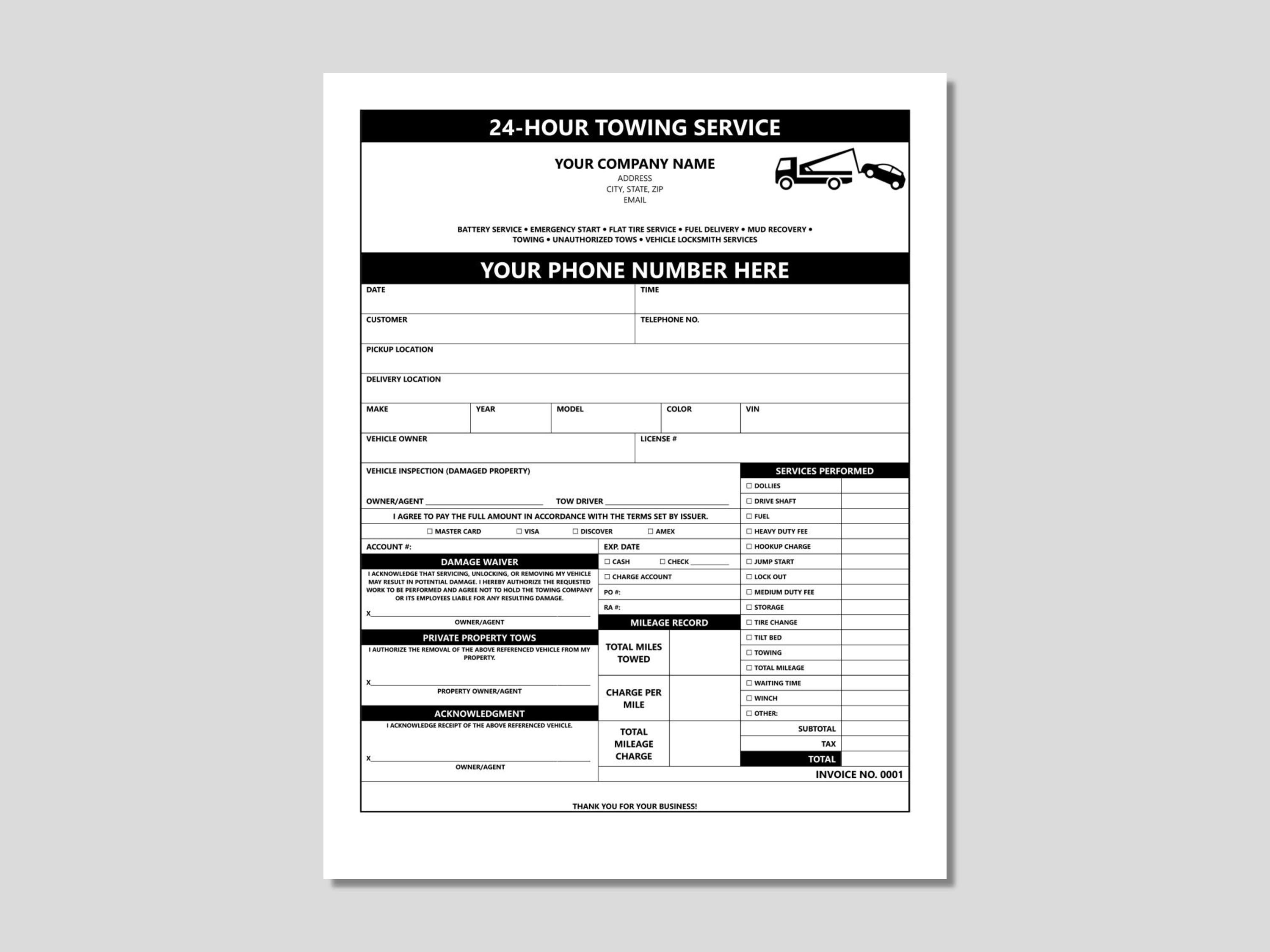 Editable Towing Invoice Template: Road Service Form (microsoft Word) - Etsy
