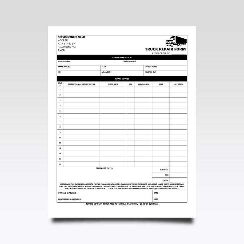 Editable Truck Repair Order Form: Microsoft Word - Etsy