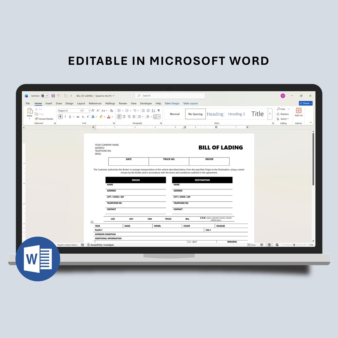 Editable Bill of Lading - Microsoft Word - Etsy