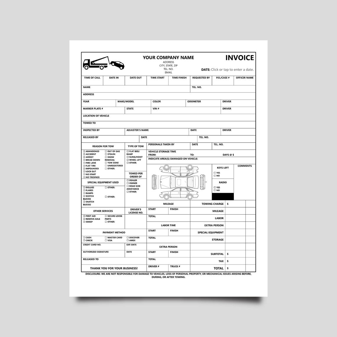 Editable Towing Invoice Template – Microsoft Word - Etsy