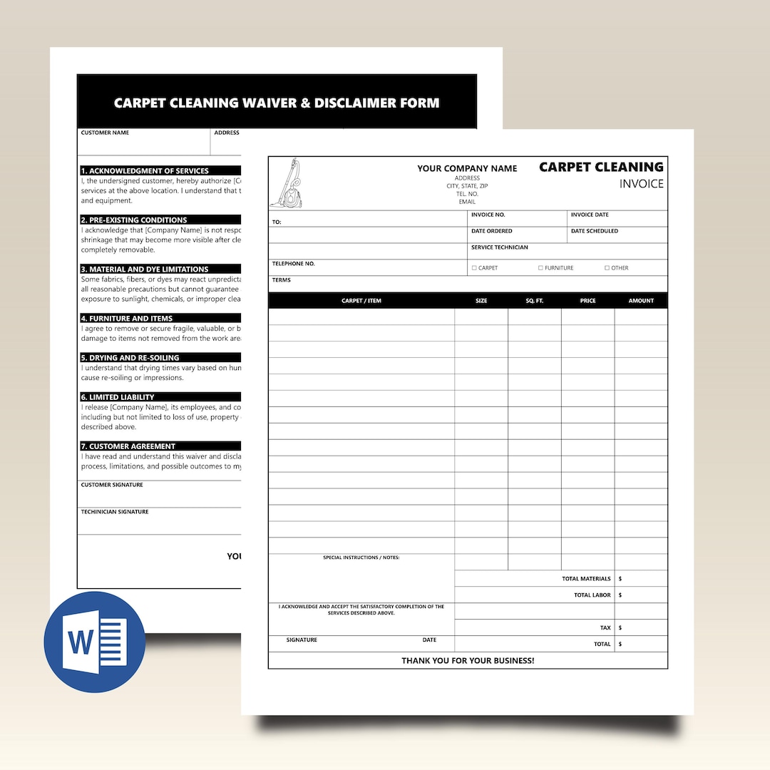 Editable Carpet Cleaning Invoice With Waiver: Microsoft Word - Etsy