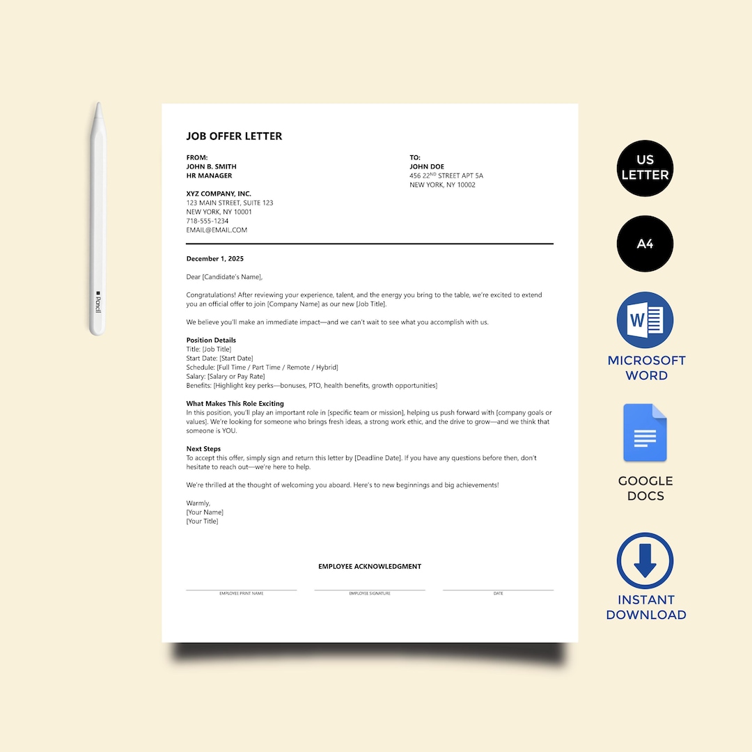 Editable Job Offer Letter: Microsoft Word & Google Docs - Etsy