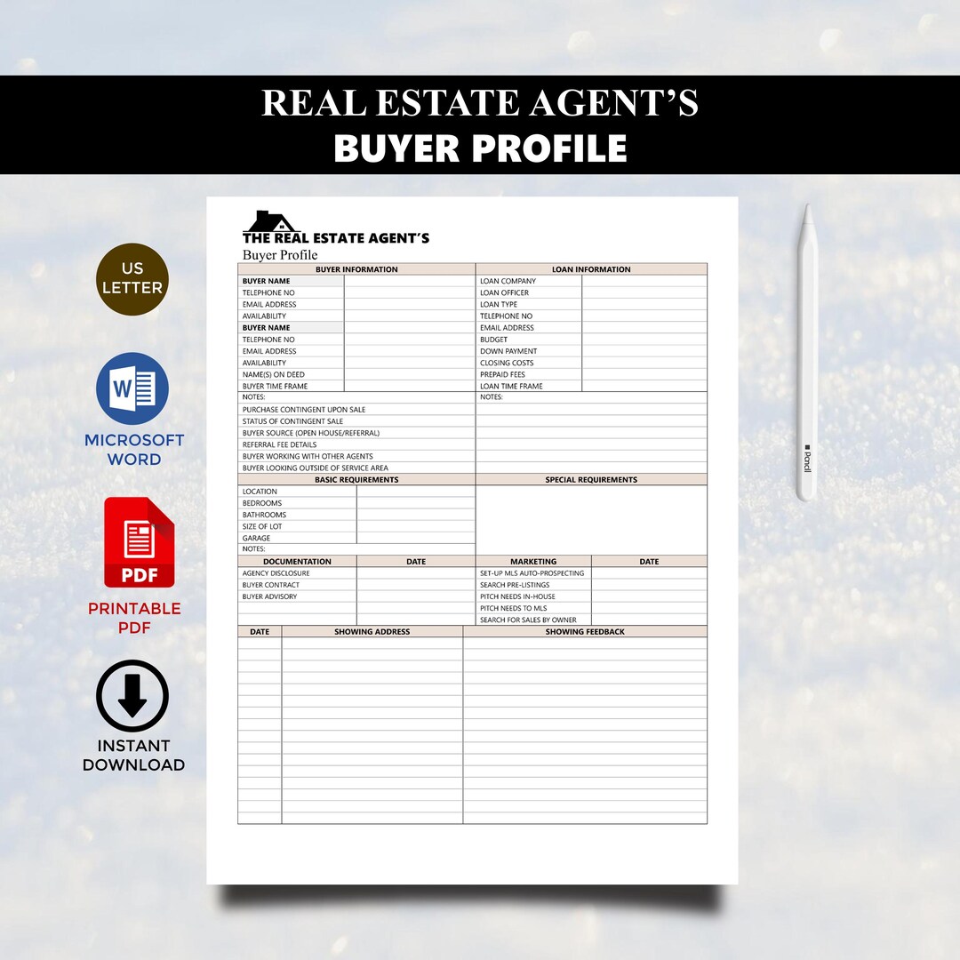 Real Estate Buyer Profile Sheet - Client Log Sheet. Editable Microsoft ...