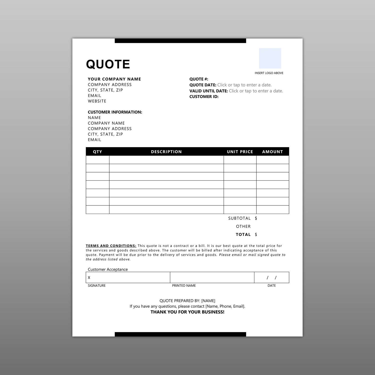 Editable Quote Form: Price Quotation Template (microsoft Word) - Etsy