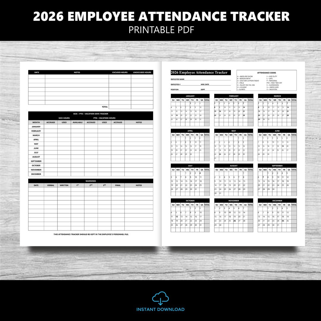 2026 Printable Attendance Calendar | Employee Time Tracker | HR ...