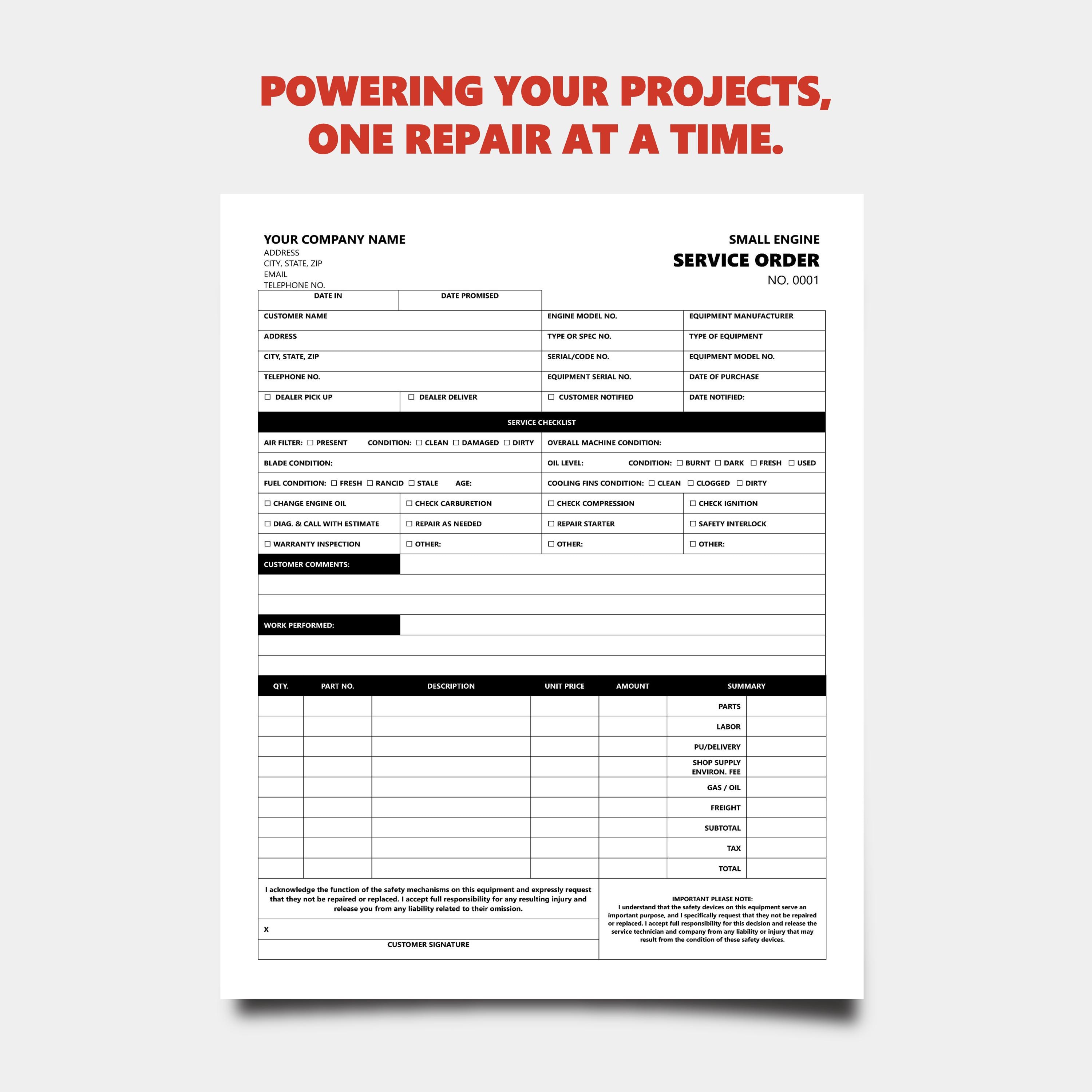 Editable Small Engine Service Order Form: Microsoft Word - Etsy