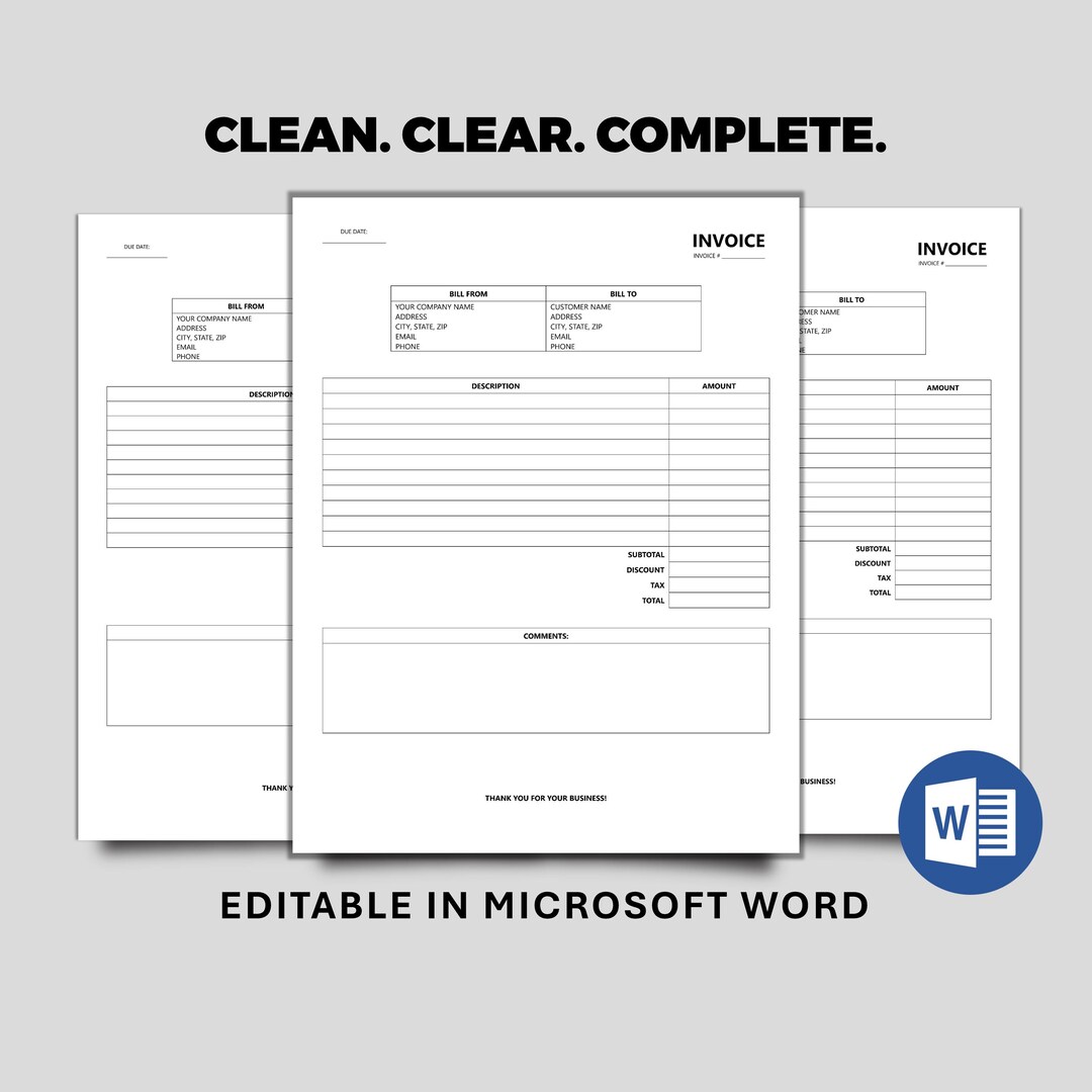 Editable Simple Invoice Template: Microsoft Word - Etsy