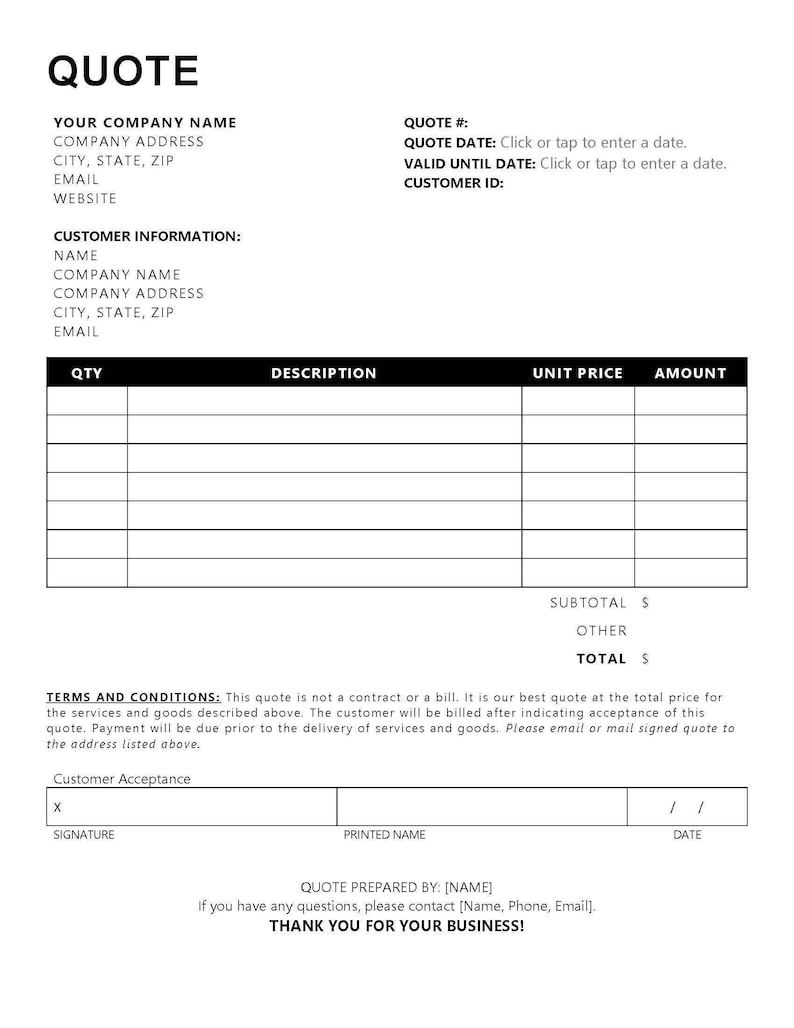 Editable Quote Form Template: Printable Price Estimate (microsoft Word ...