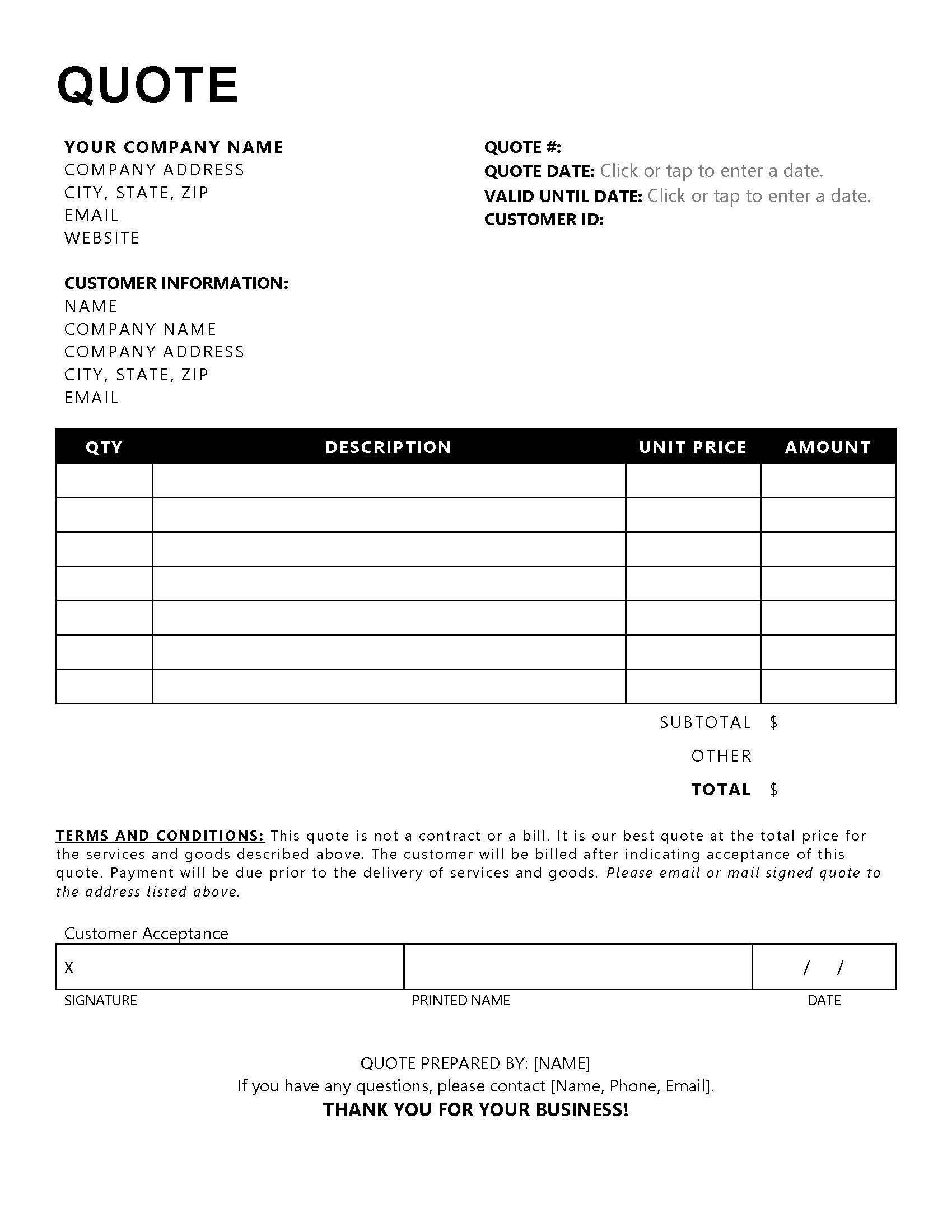 Quote Form, Editable Quote Form, Price Quote Printable Form, Custom ...