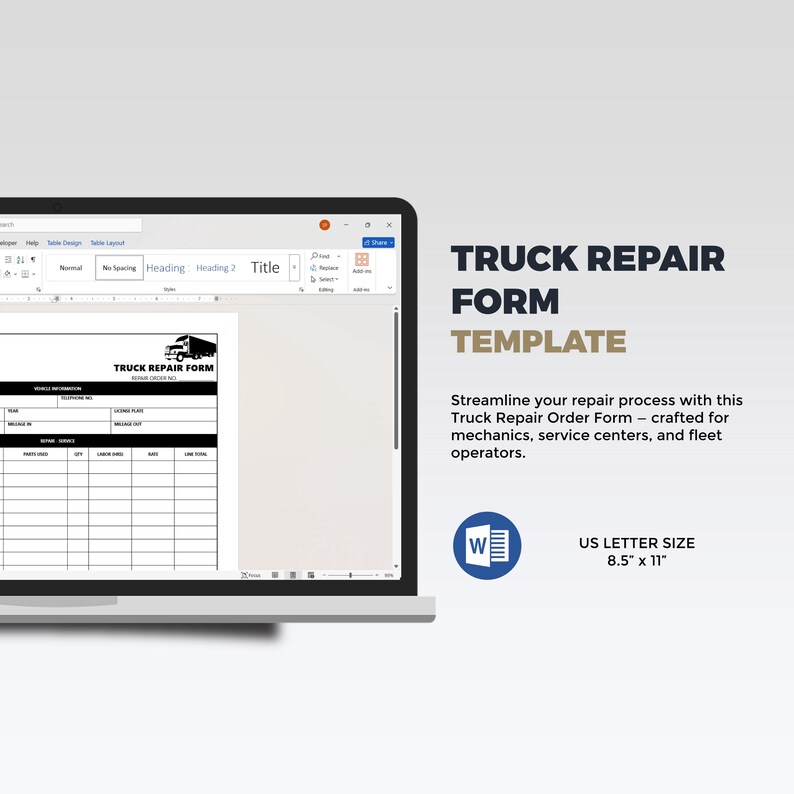 Editable Truck Repair Order Form: Microsoft Word - Etsy
