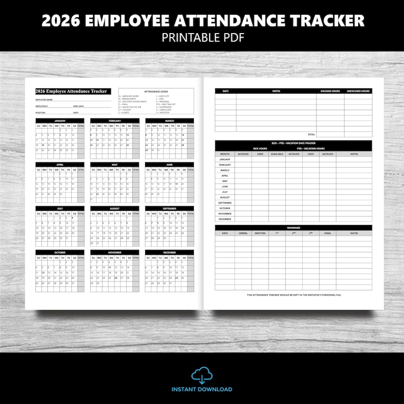 2026 Printable Attendance Calendar | Employee Time Tracker | HR ...