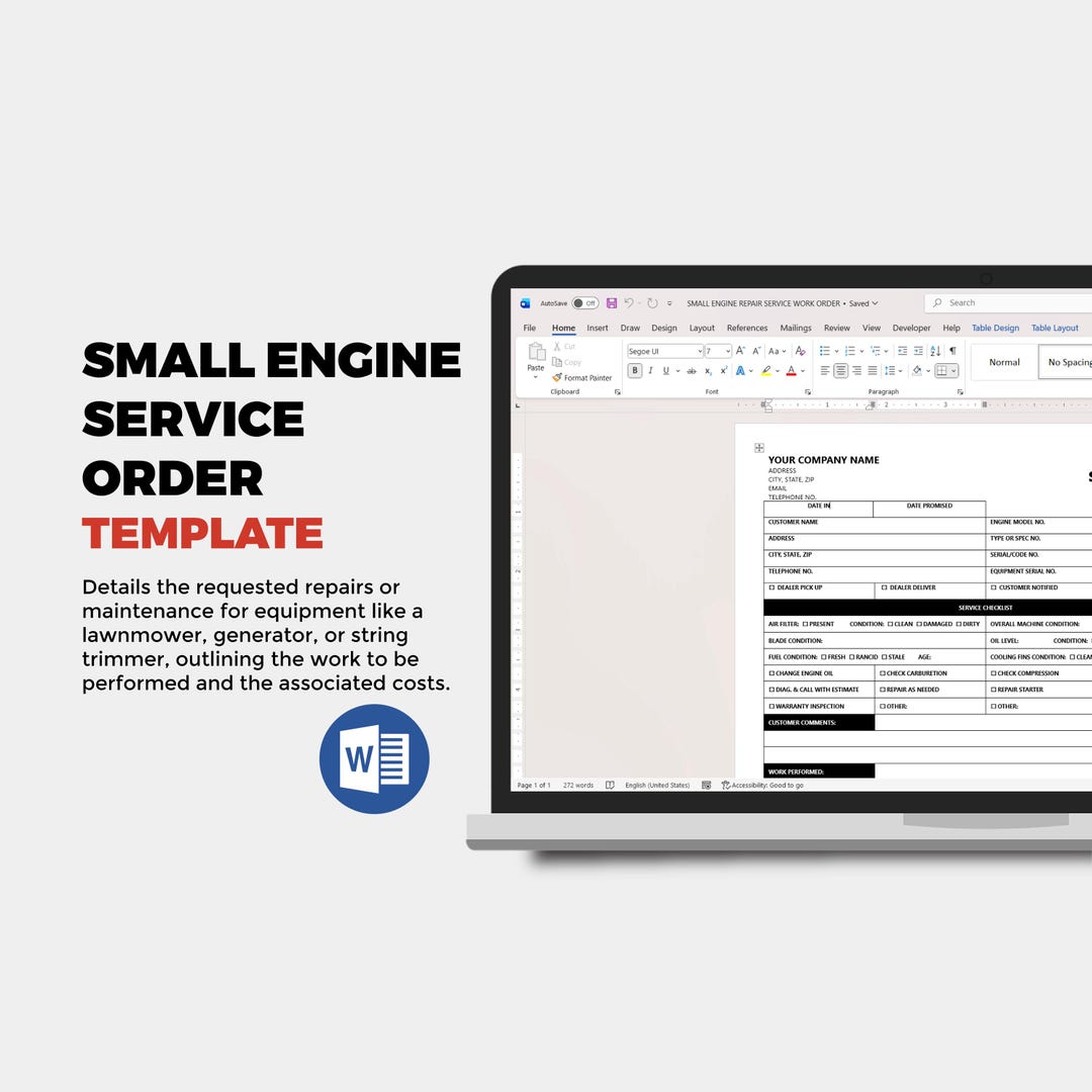 Editable Small Engine Service Order Form: Microsoft Word - Etsy