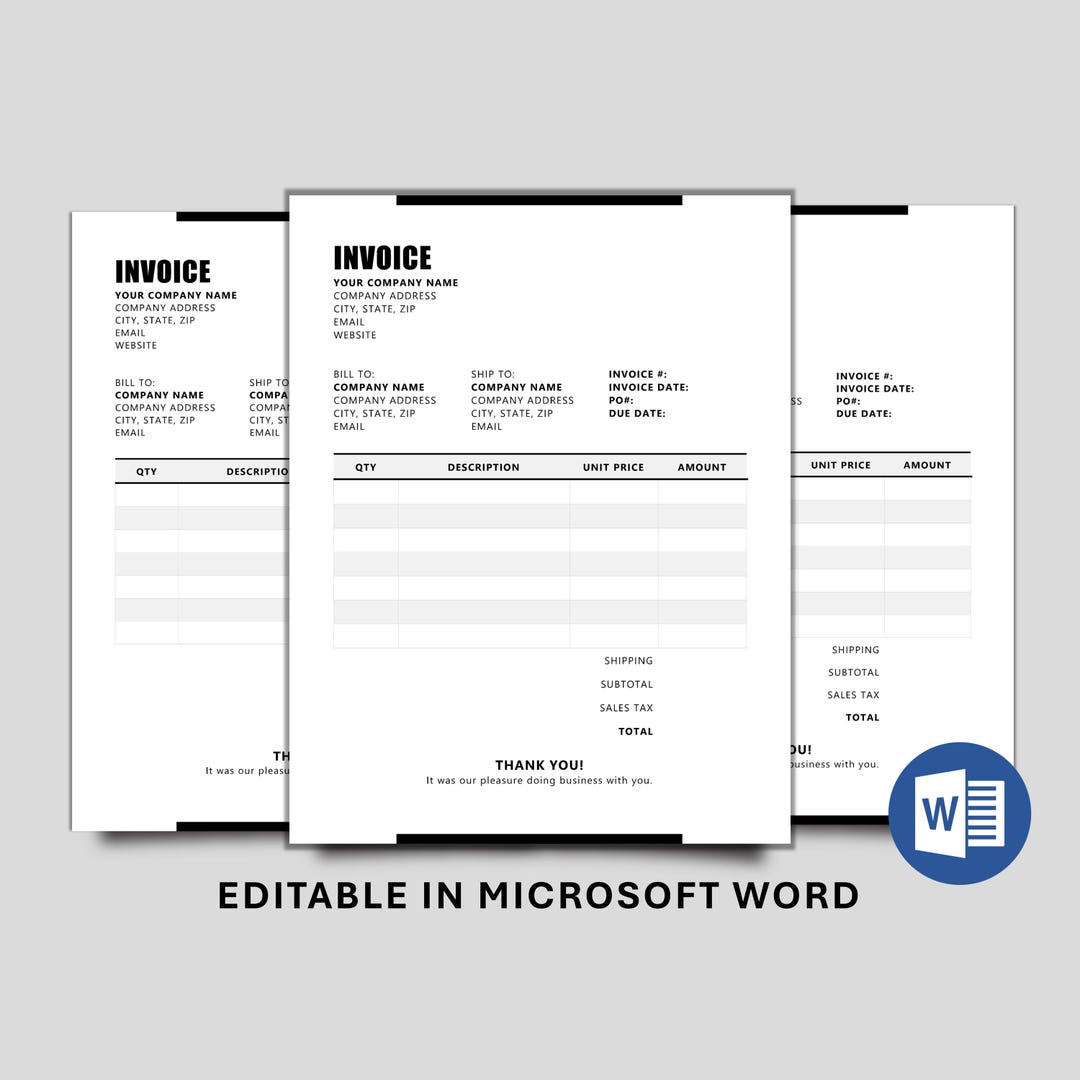 Modern Editable Invoice Template for Word: Simple Business Invoice ...