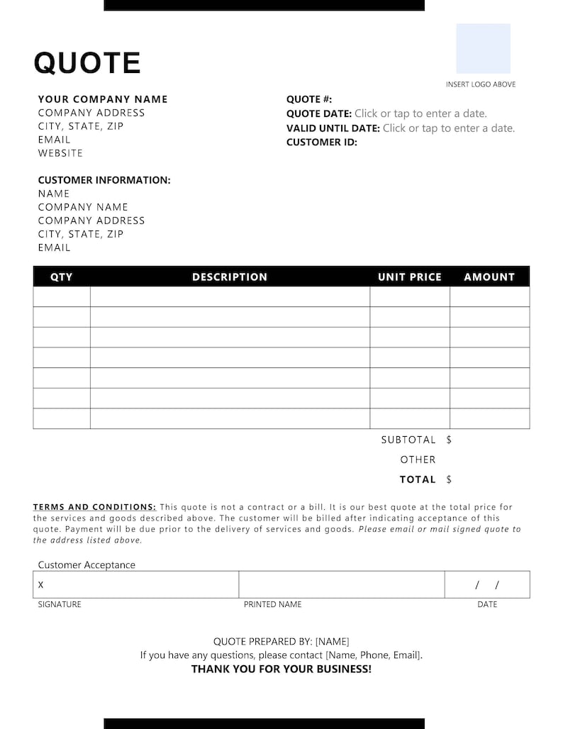 Editable Quote Form: Price Quotation Template (microsoft Word) - Etsy