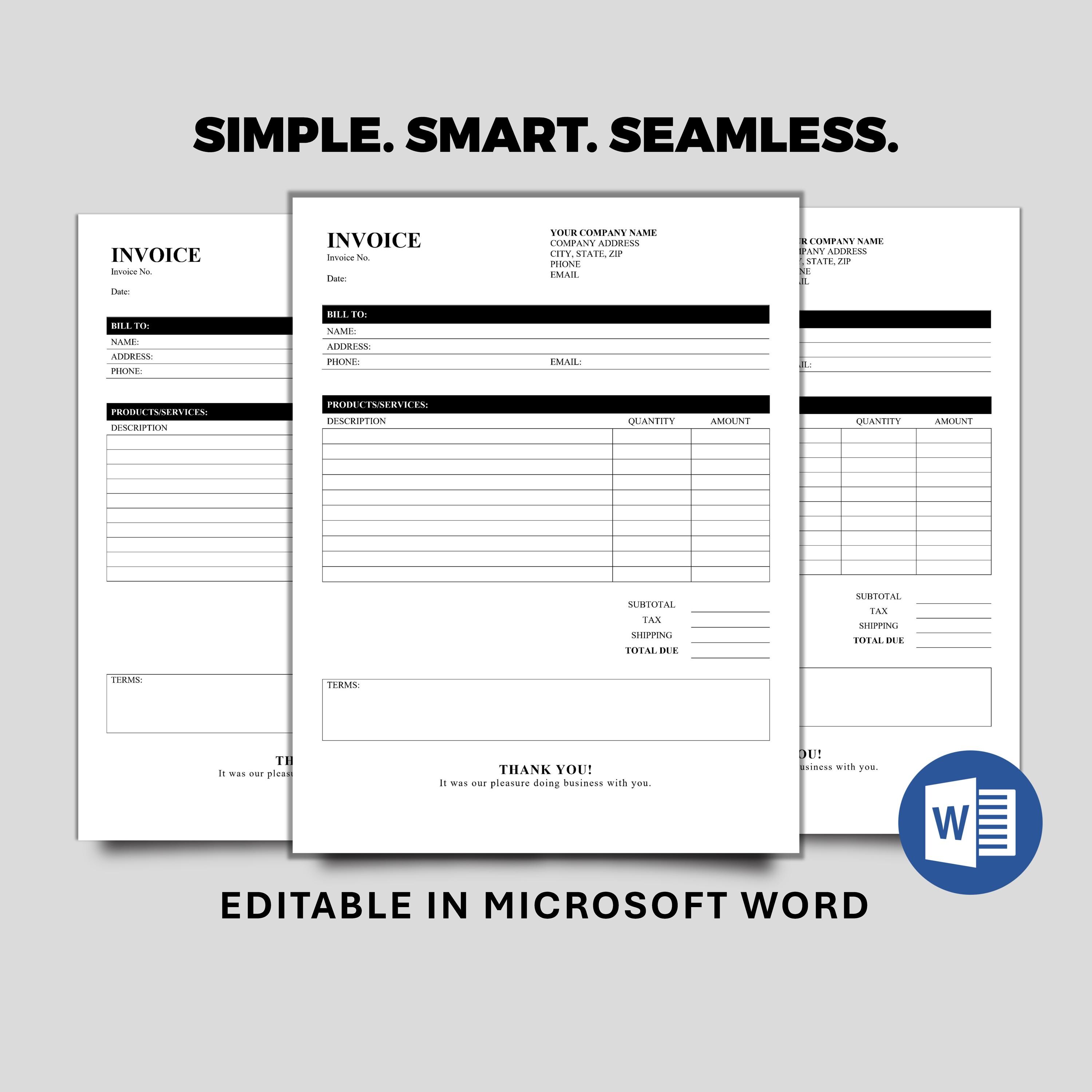 Customizable Invoice Template: Editable in Microsoft Word - Etsy