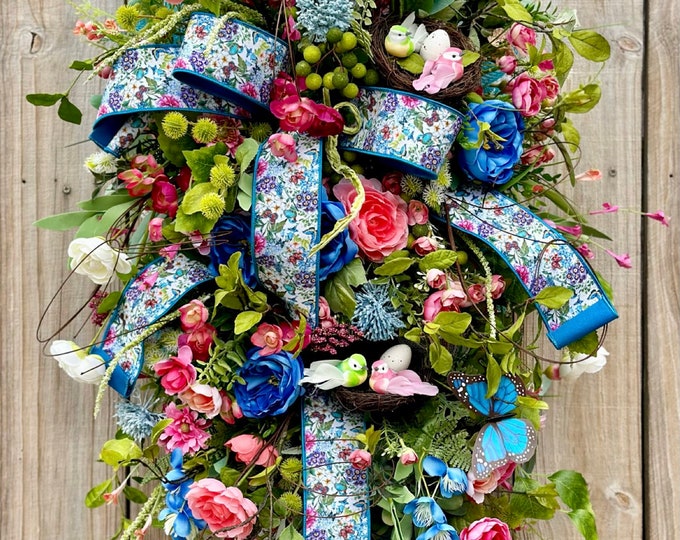 Whimsical Spring Wreath, Summer Mesh Wreath, Birds Nest Wreath ...