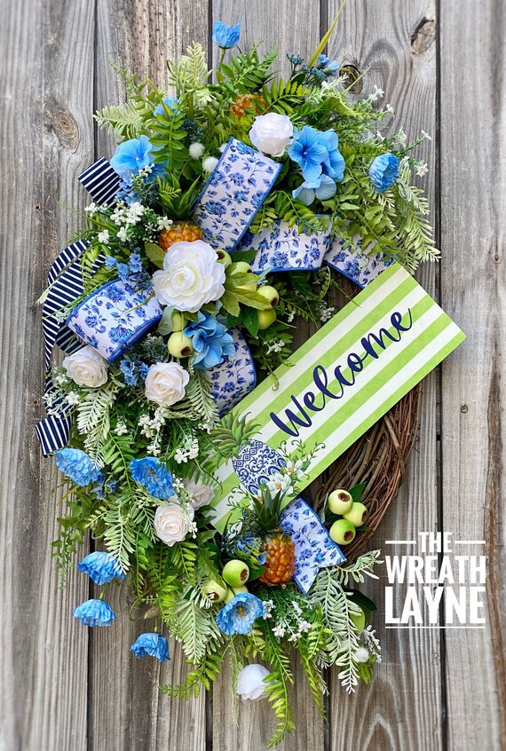 Home & Living Front door Pineapple Welcome sign grapevine wreath ...