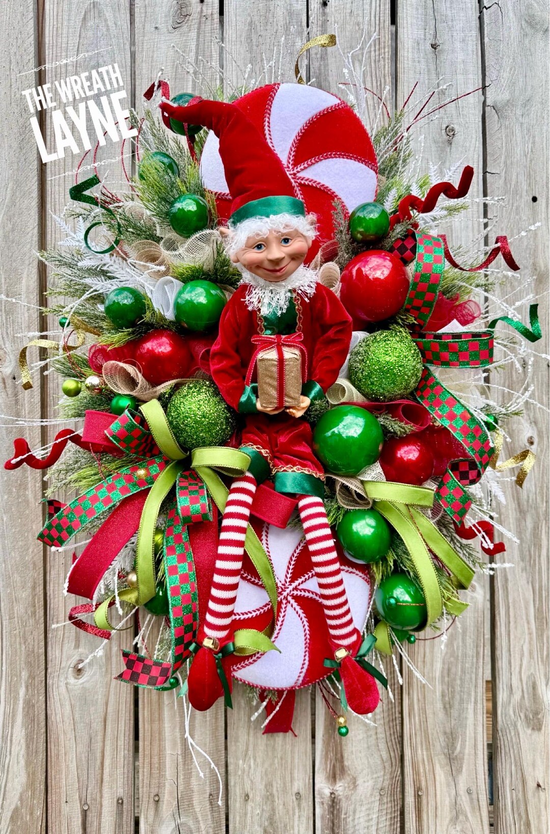 Whimsical Elf Christmas Wreath: Peppermint, Lollipop & Ornament Decor ...