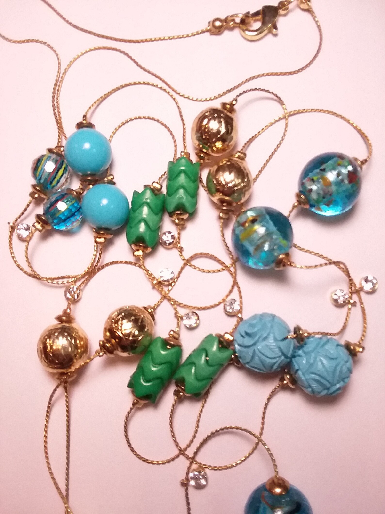 Vintage Long String Beaded Gold Blue and Green Tone Multifunctional ...