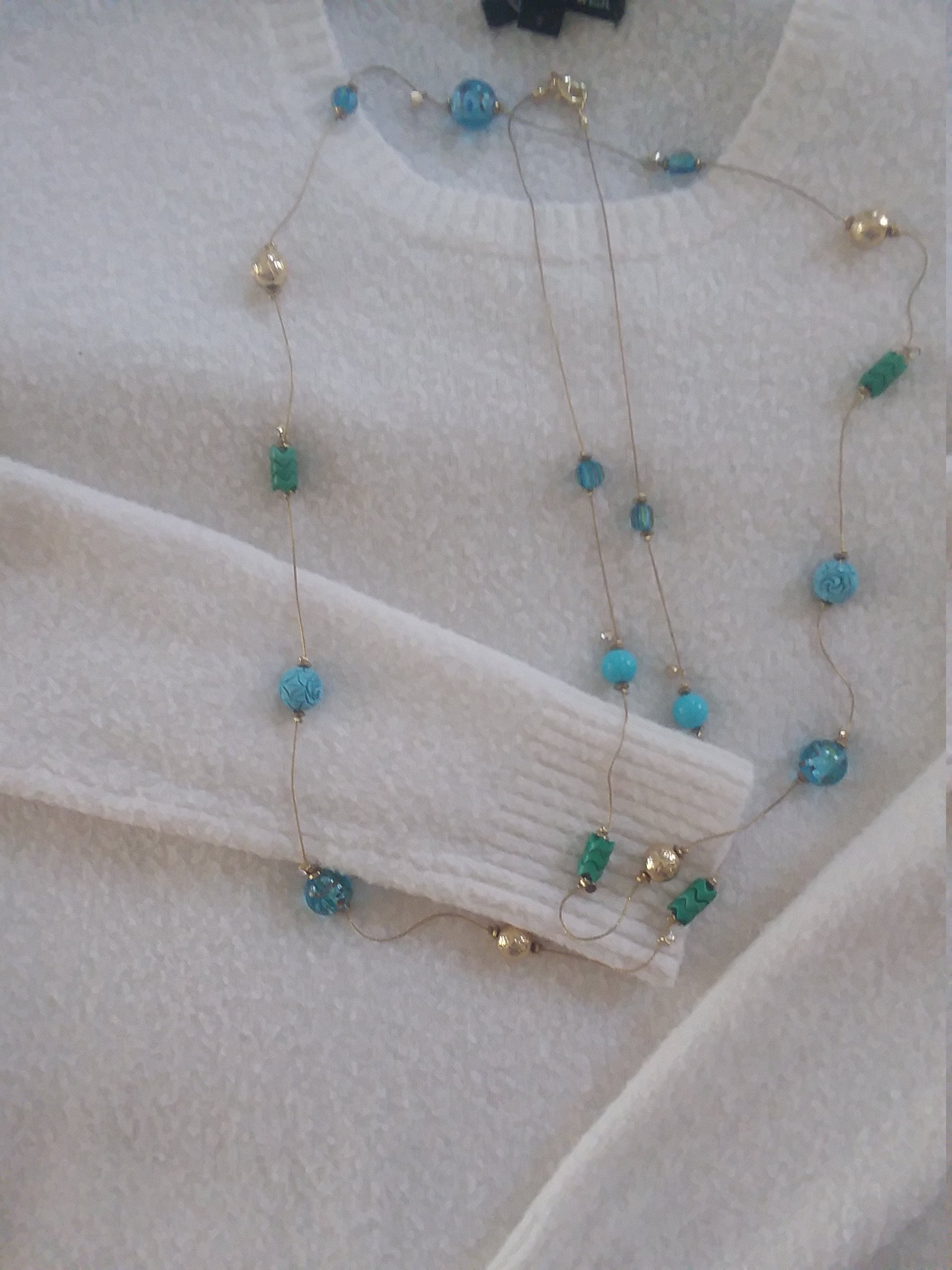 Vintage Long String Beaded Gold Blue and Green Tone Multifunctional ...