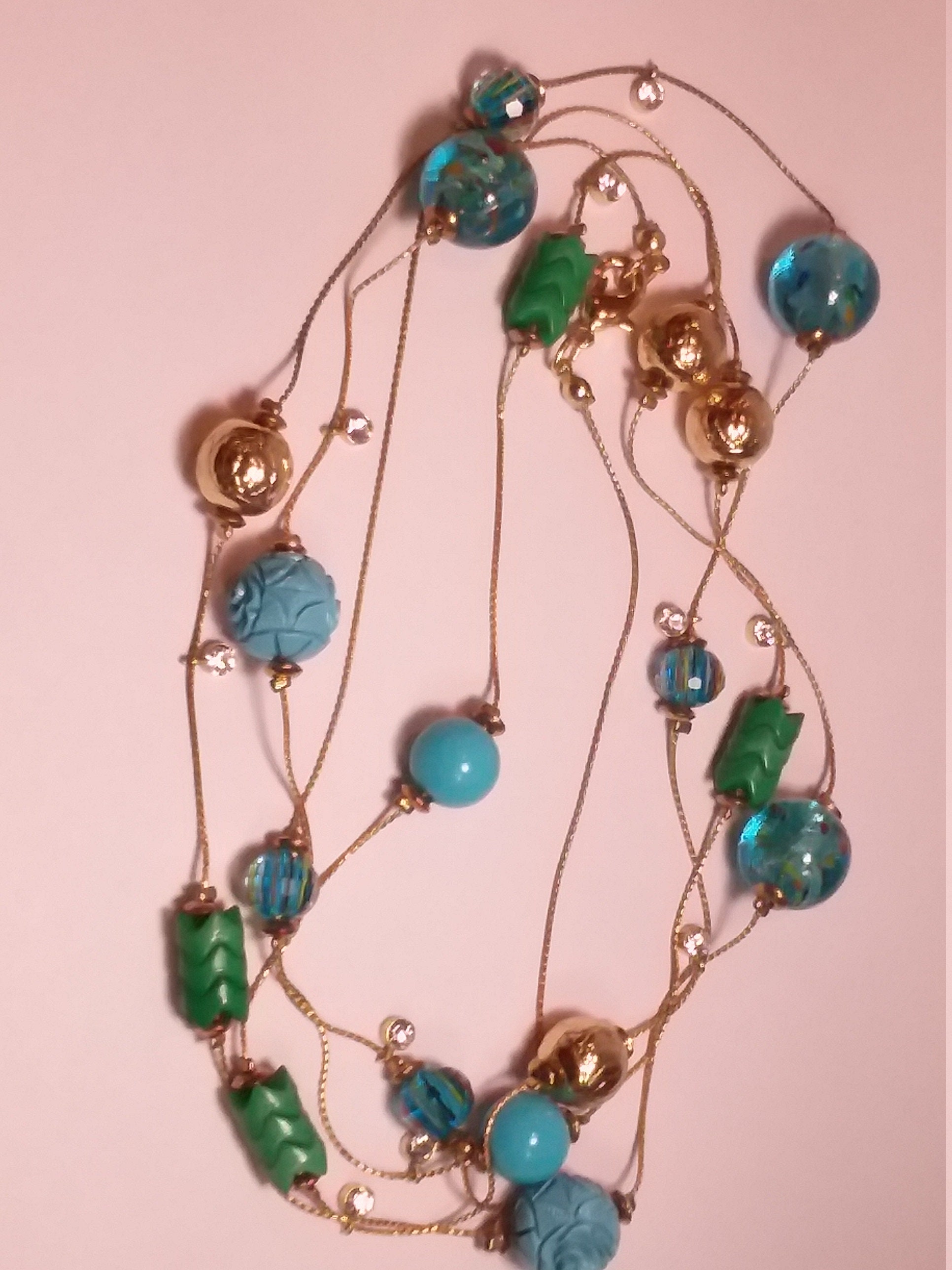 Vintage Long String Beaded Gold Blue and Green Tone Multifunctional ...