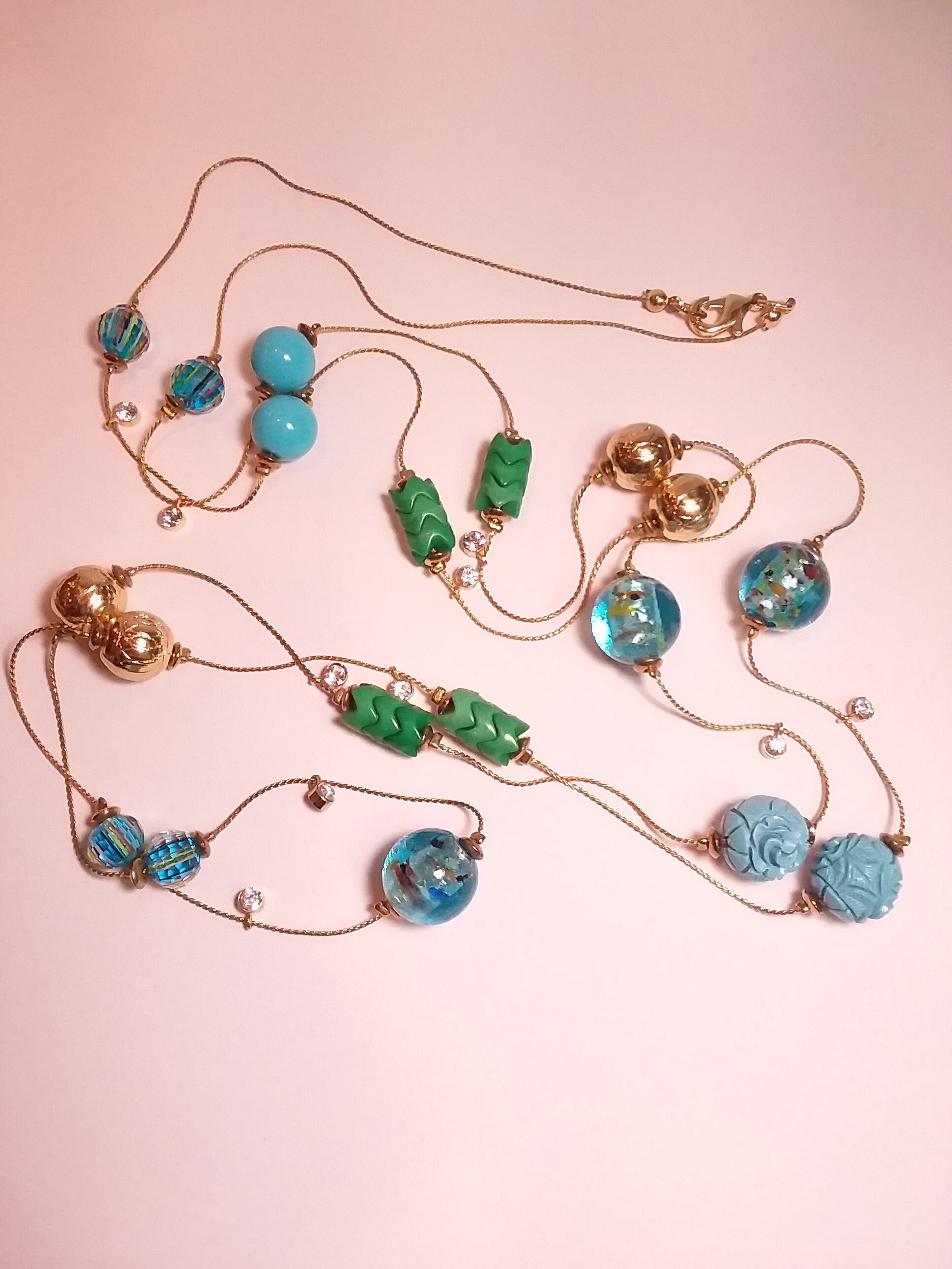 Vintage Long String Beaded Gold Blue and Green Tone Multifunctional ...