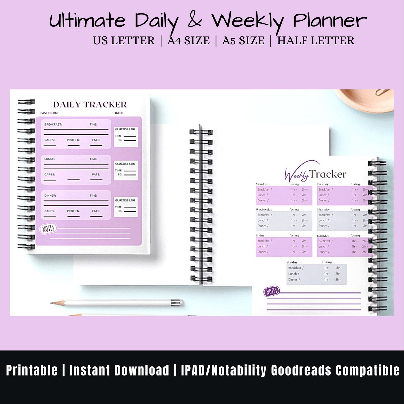 Printable Diabetes Log, Digital Blood Glucose Tracker, Daily Blood ...