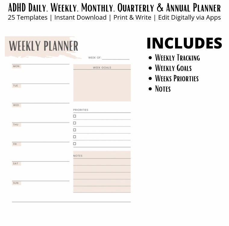 Printable ADHD Productivity Daily Planner ADHD Weekly - Etsy