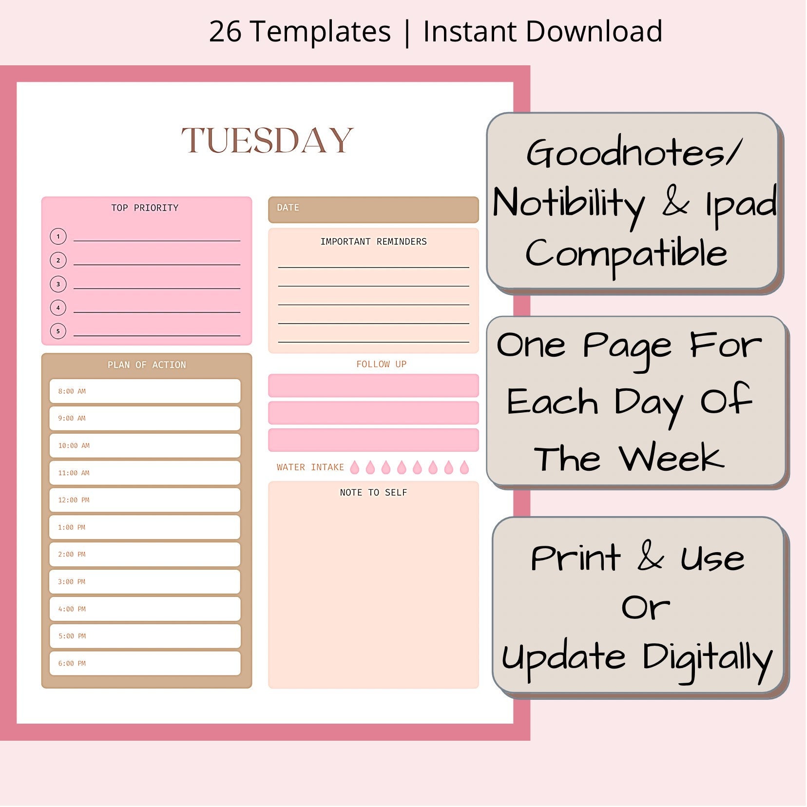 Printable Daily Planner, Digital Planner, Work Day Dairy, to Do List ...