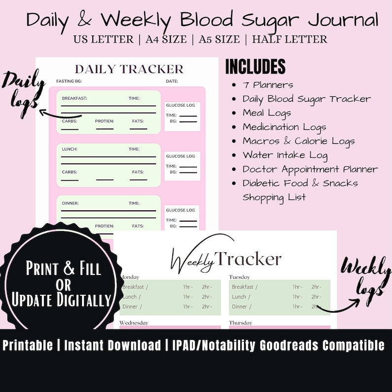 Printable Diabetes Log Digital Blood Glucose Tracker Daily - Etsy