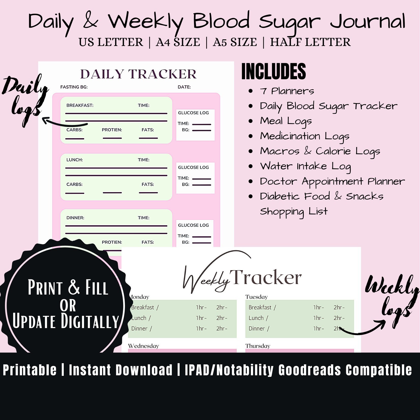 Printable Diabetes Log Digital Blood Glucose Tracker Daily - Etsy