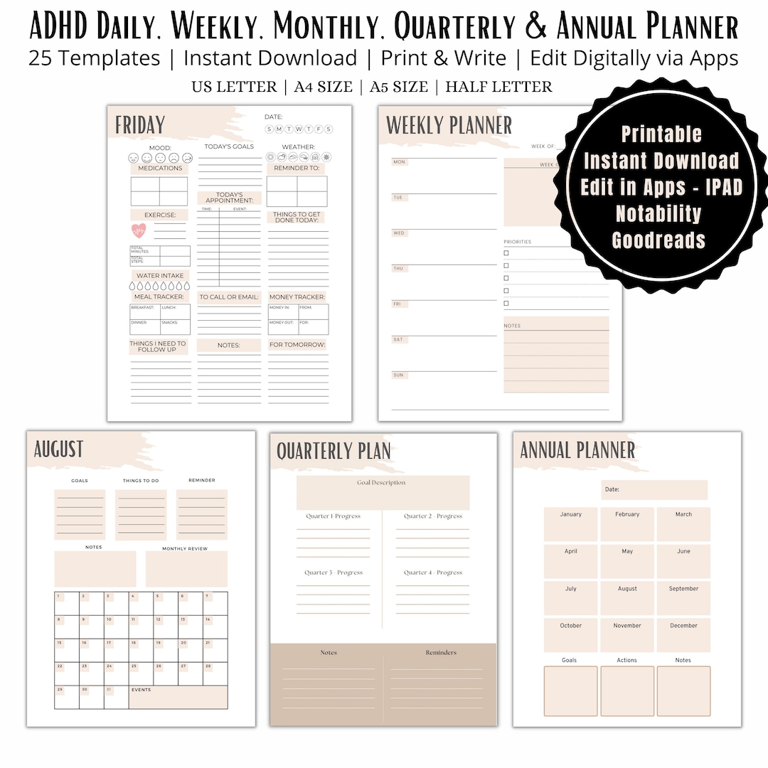 Printable ADHD Productivity Daily Planner, ADHD Weekly Planner, Daily ...