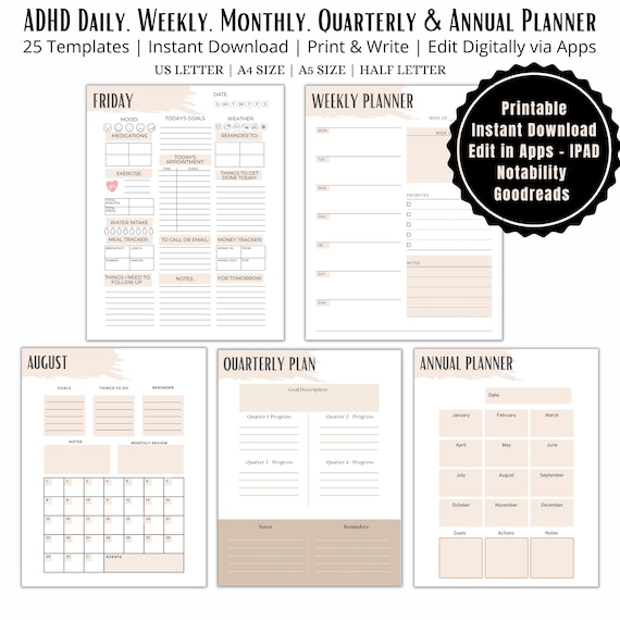 Printable ADHD Productivity Daily Planner ADHD Weekly | Etsy
