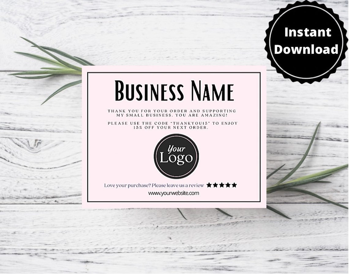 Printable Thank You Business Card Insert, Small Business Thank You Card ...