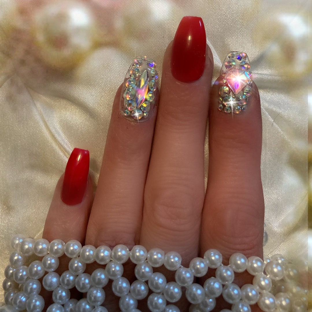 Red Press on Nails: Bling Rhinestone Holiday Nails - Etsy