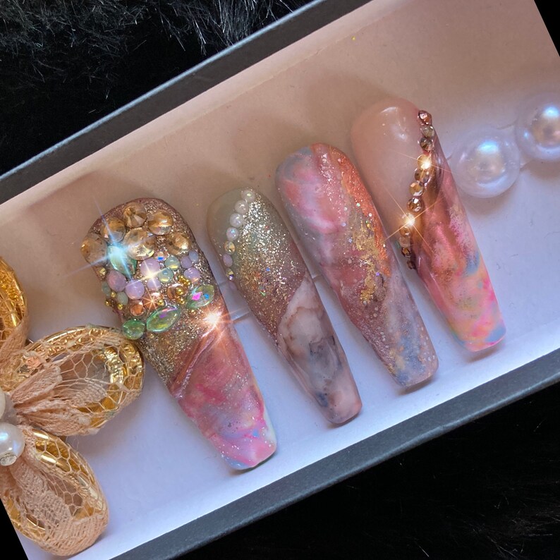 Da Bomb Nails/drama Extra Long Press on Nails W/rose Gold | Etsy