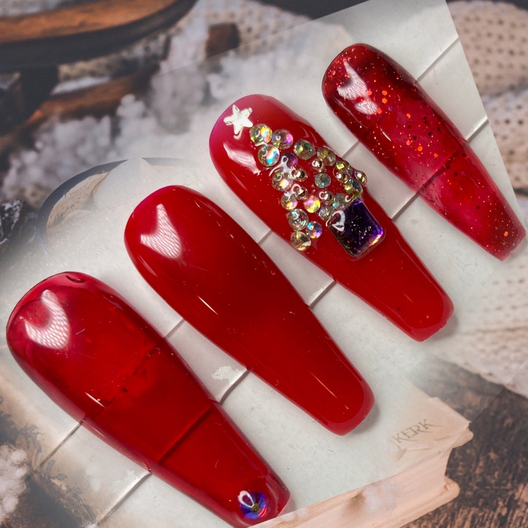 Christmas Clear Jelly Red Nails With Xmas Trees - Etsy