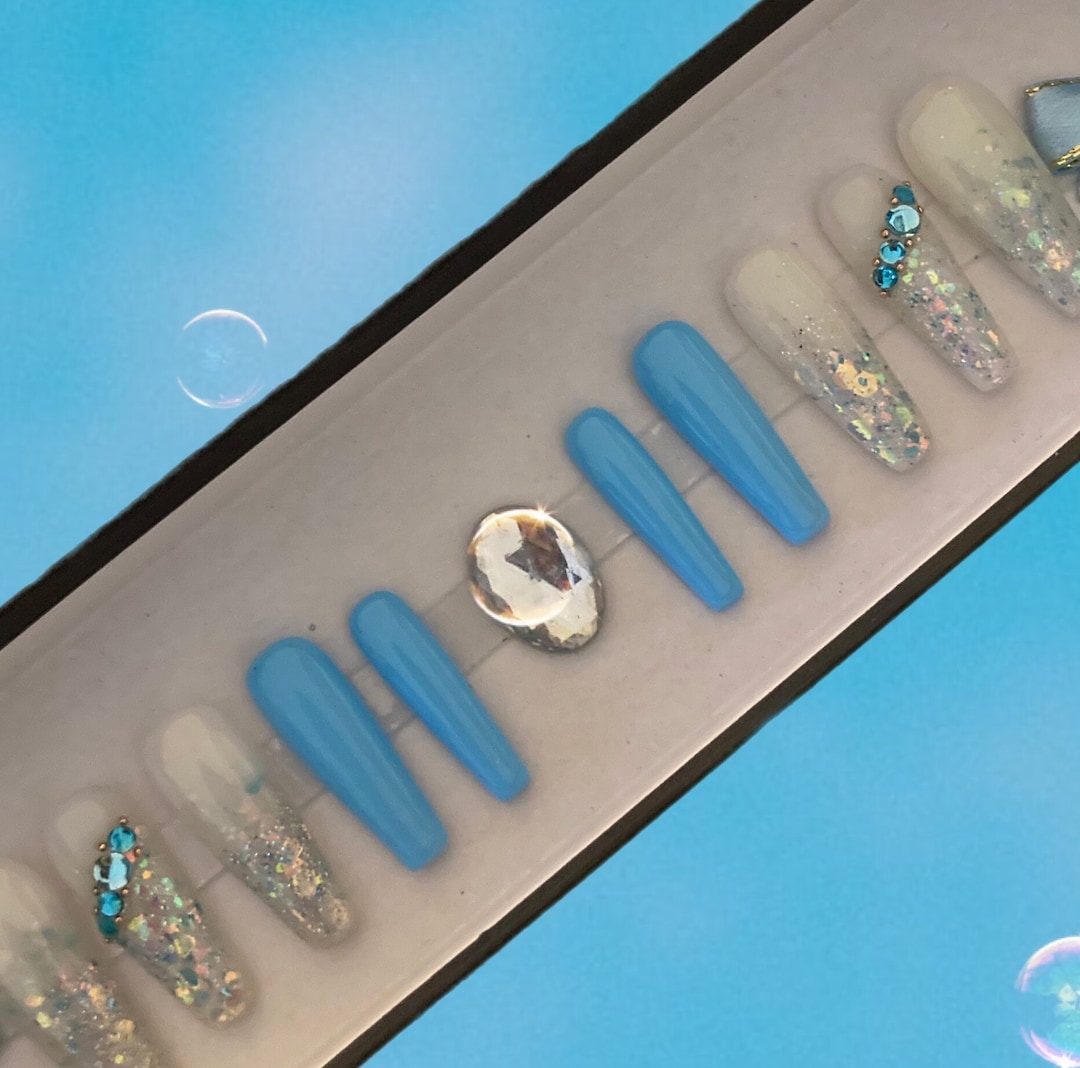 Candy Rain/ Sea Blue With Opal Milk Bath Luxury Press on Nails/ Mix and ...